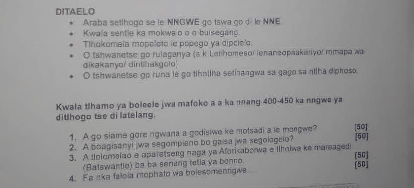 DITAELO - Araba setihoga se le NNGWE go tswa | StudyX