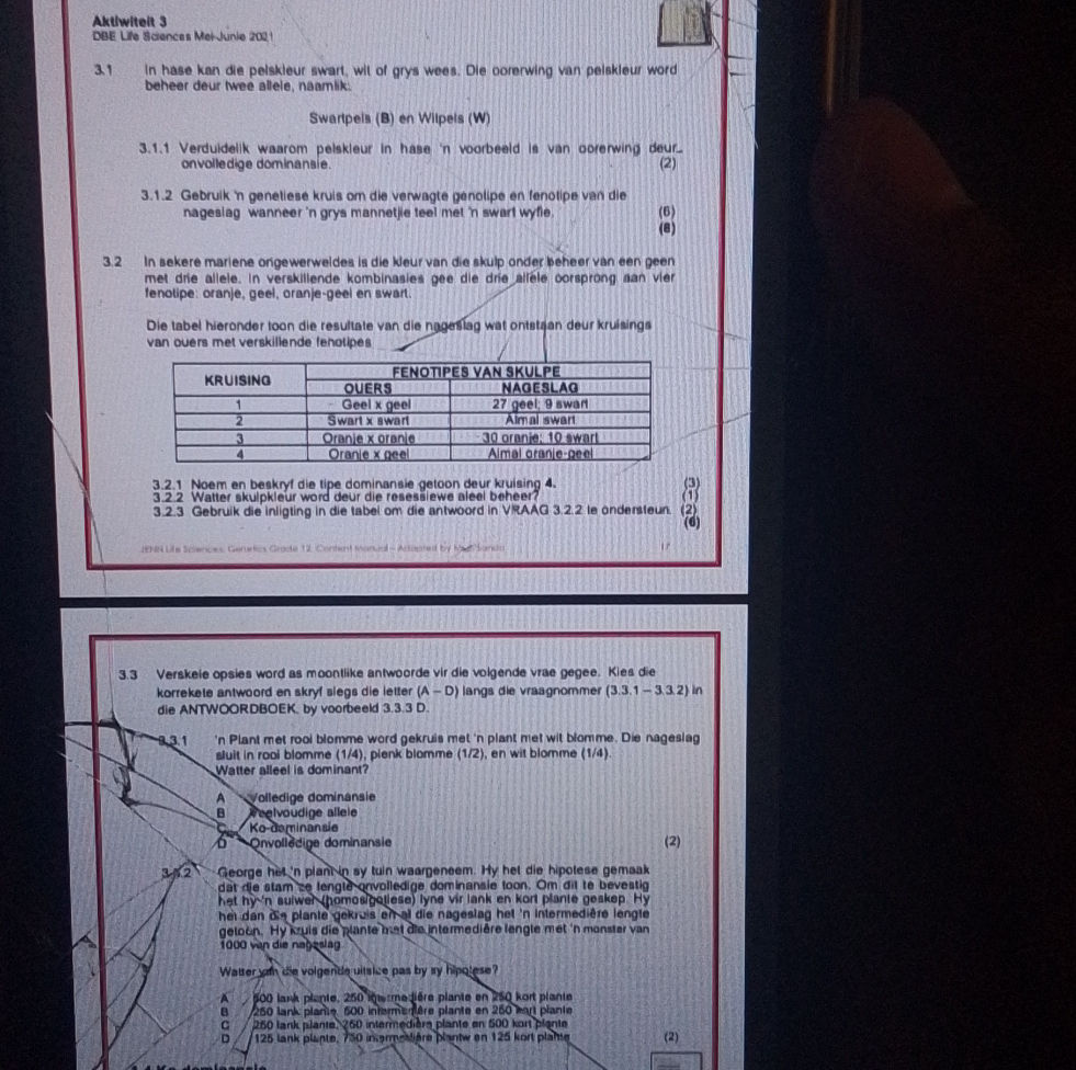 3.1 In hase kan die pelskleur swart, wit of | StudyX