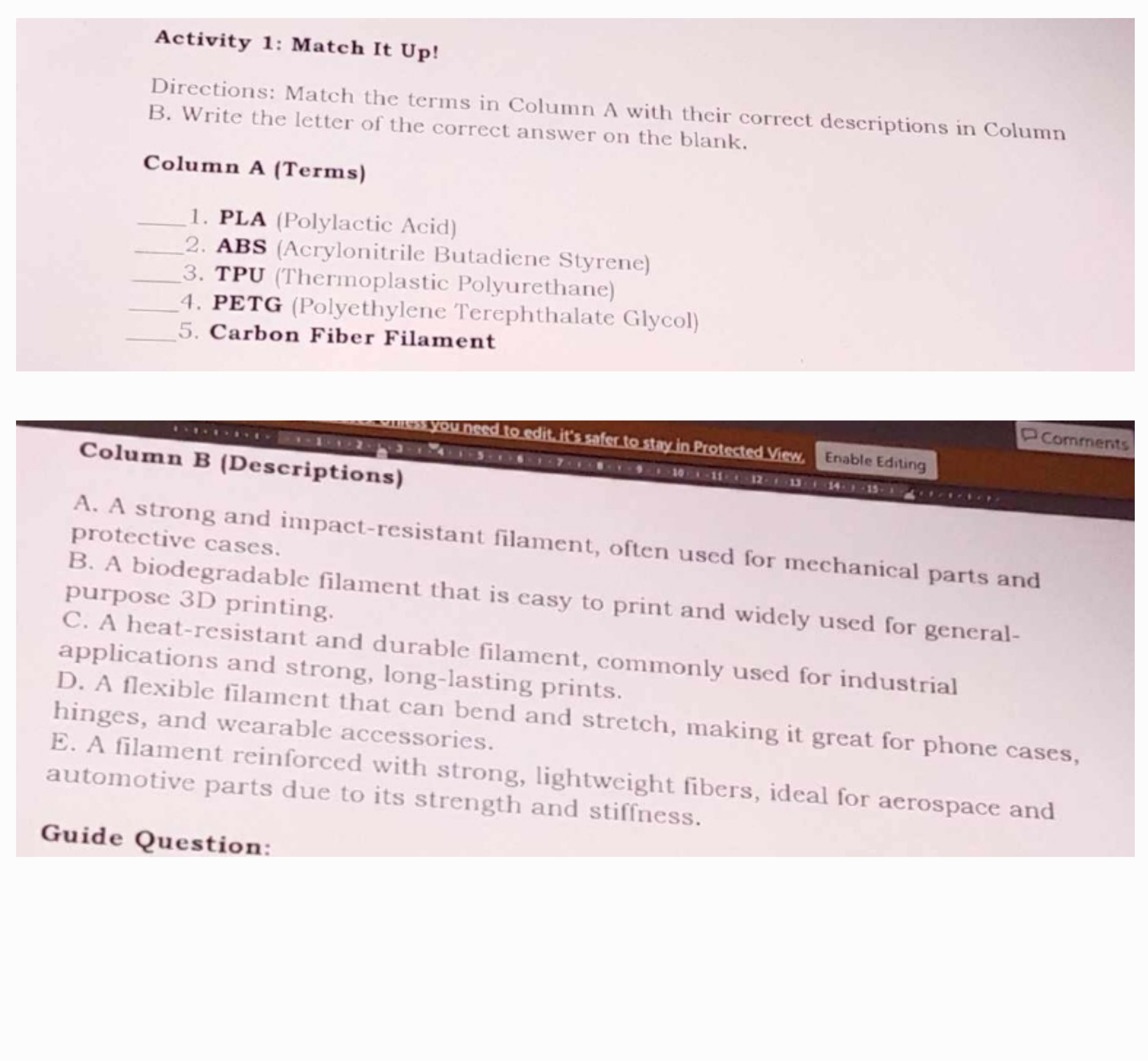Activity 1: Match It Up! Directions: Match | StudyX