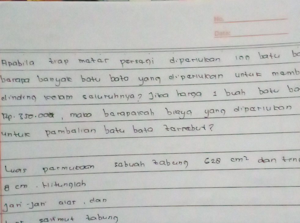 Apabila tiap meter persegi diperlukan 100 | StudyX