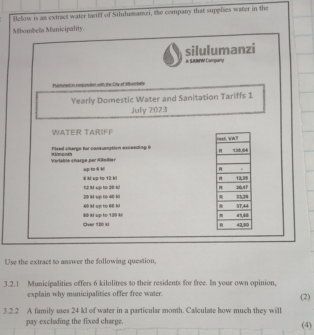 Below is an extract water tariff of | StudyX