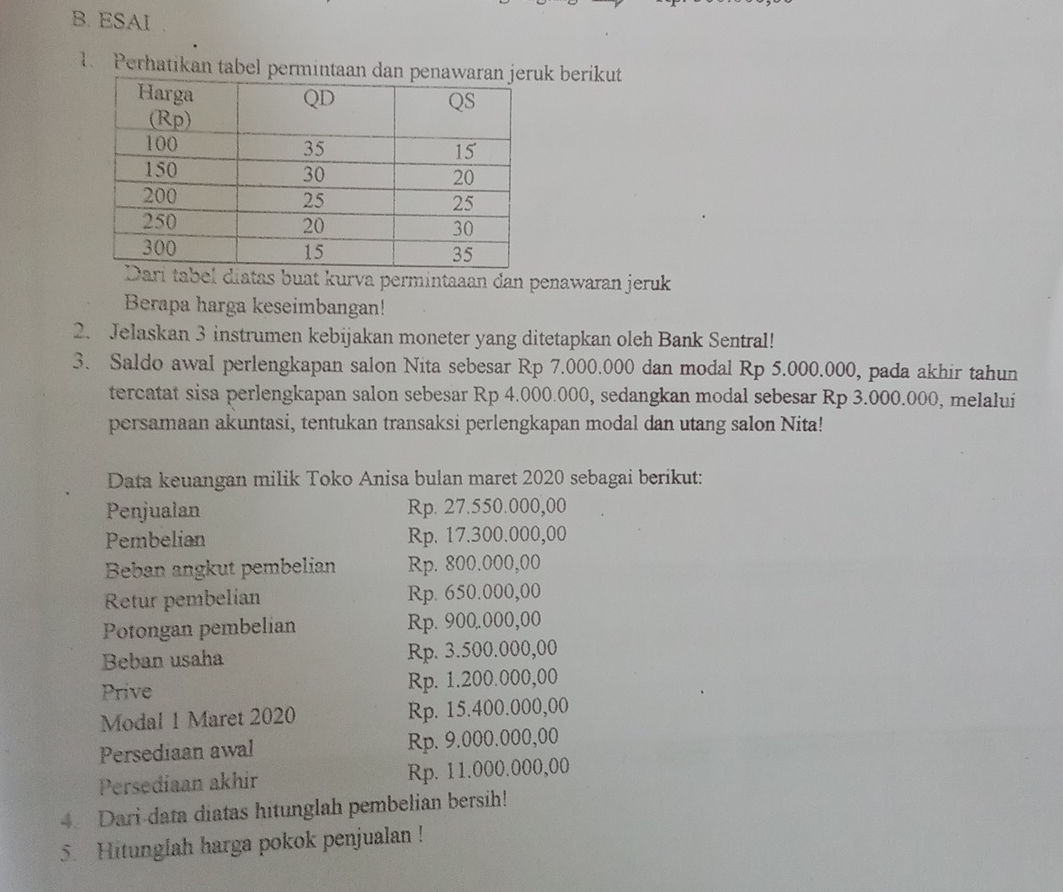 1. Perhatikan tabel permintaan dan penawaran | StudyX