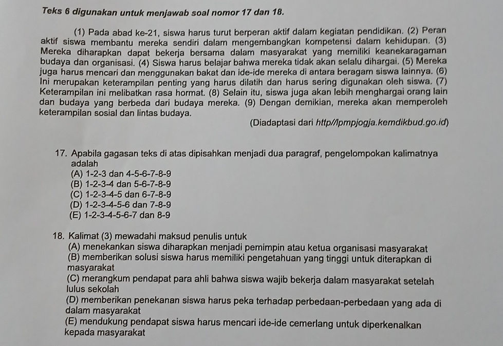 17. Apabila gagasan teks di atas dipisahkan | StudyX