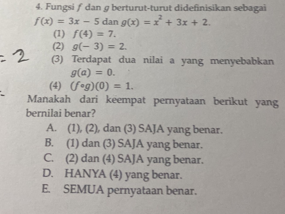 4. Fungsi $f$ dan $g$ berturut-turut | StudyX