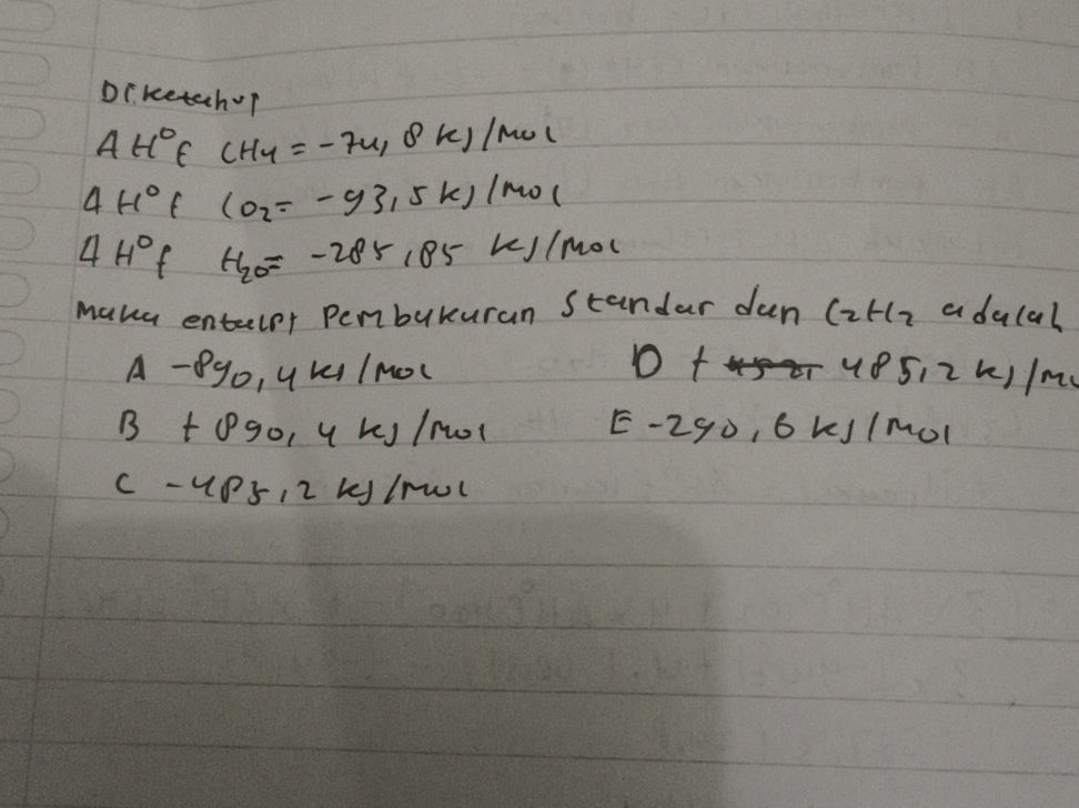 Diketahui $ H^o_f CH_4 = -74.8 kJ/mol$ $ | StudyX