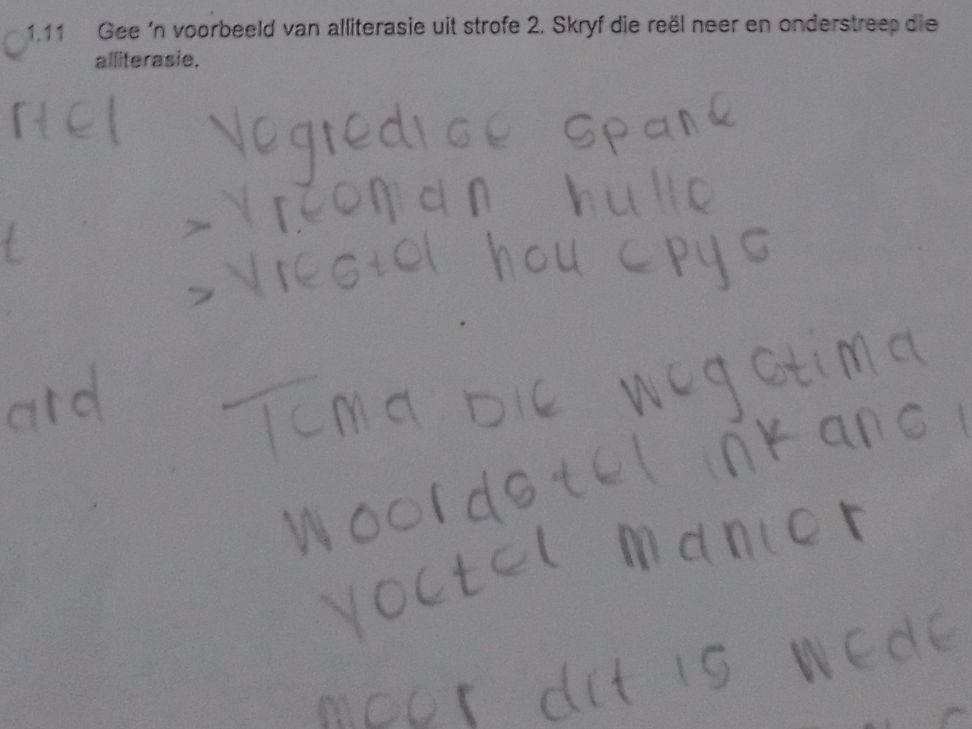 1.11 Gee 'n voorbeeld van alliterasie uit | StudyX