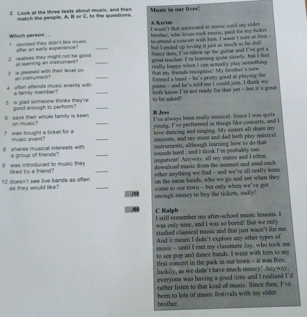 2 Look at the three texts about music, and | StudyX