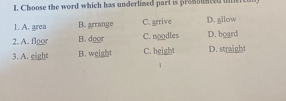 I. Choose the word which has underlined part | StudyX