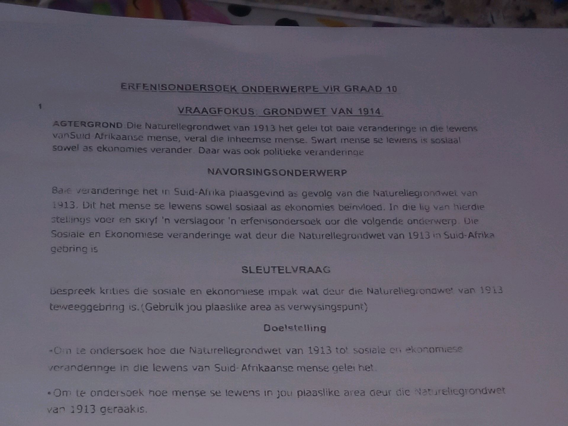 1 ERFENISONDERSOEK ONDERWERPE VIR GRAAD 10