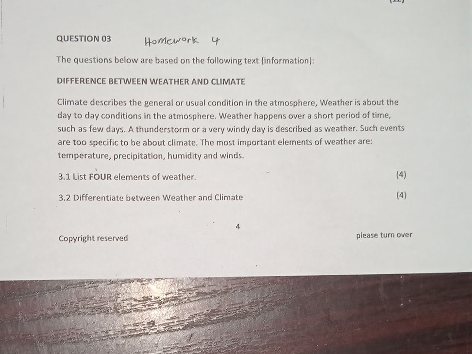 3.1 List FOUR elements of weather. 3.2 | StudyX