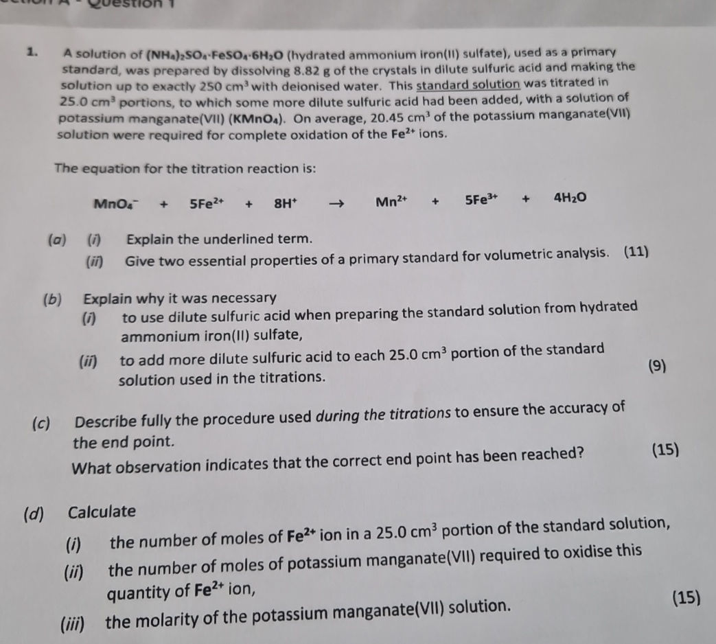 1. A solution of (NH4)2SO4·FeSO4·6H2O | StudyX