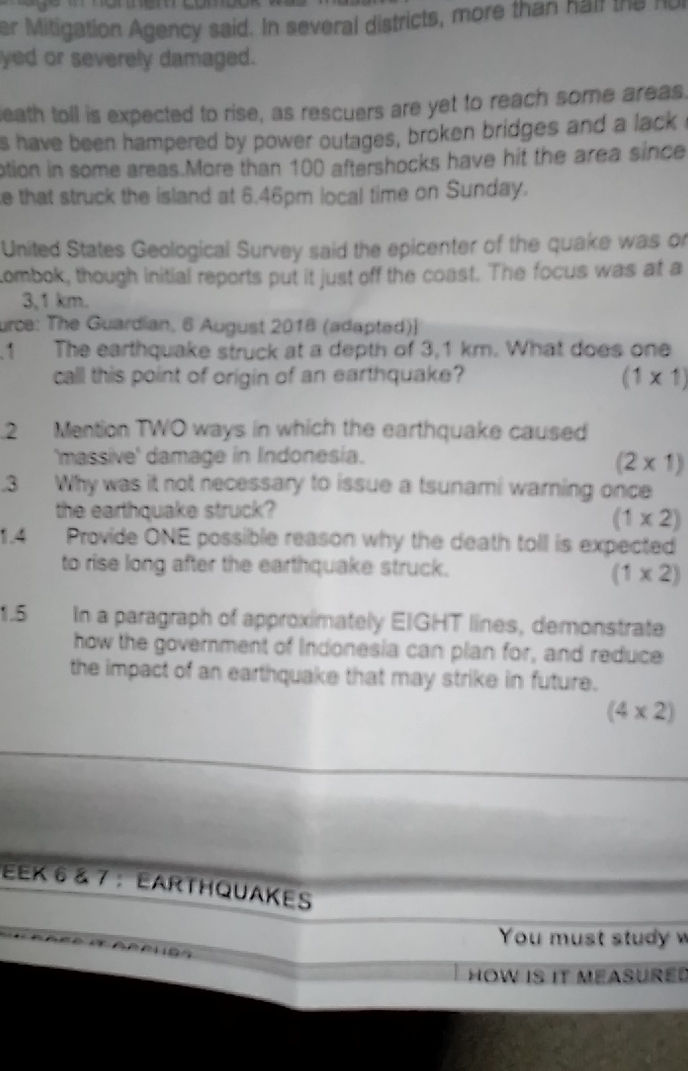 1. The earthquake struck at a depth of 3,1 | StudyX