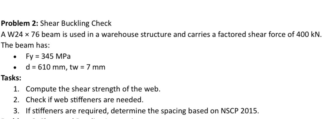 Problem 2: Shear Buckling Check A W24 x 76 | StudyX