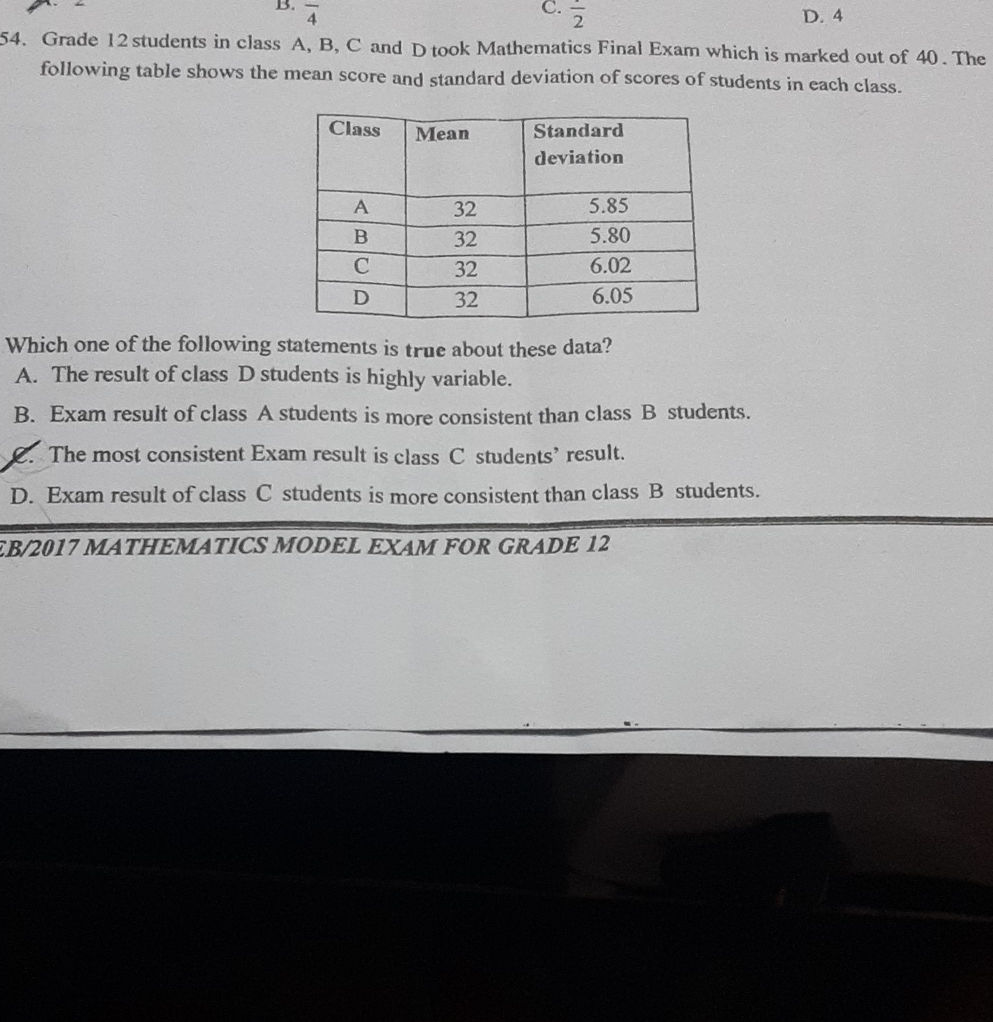Grade 12 students in class A, B, C and D | StudyX