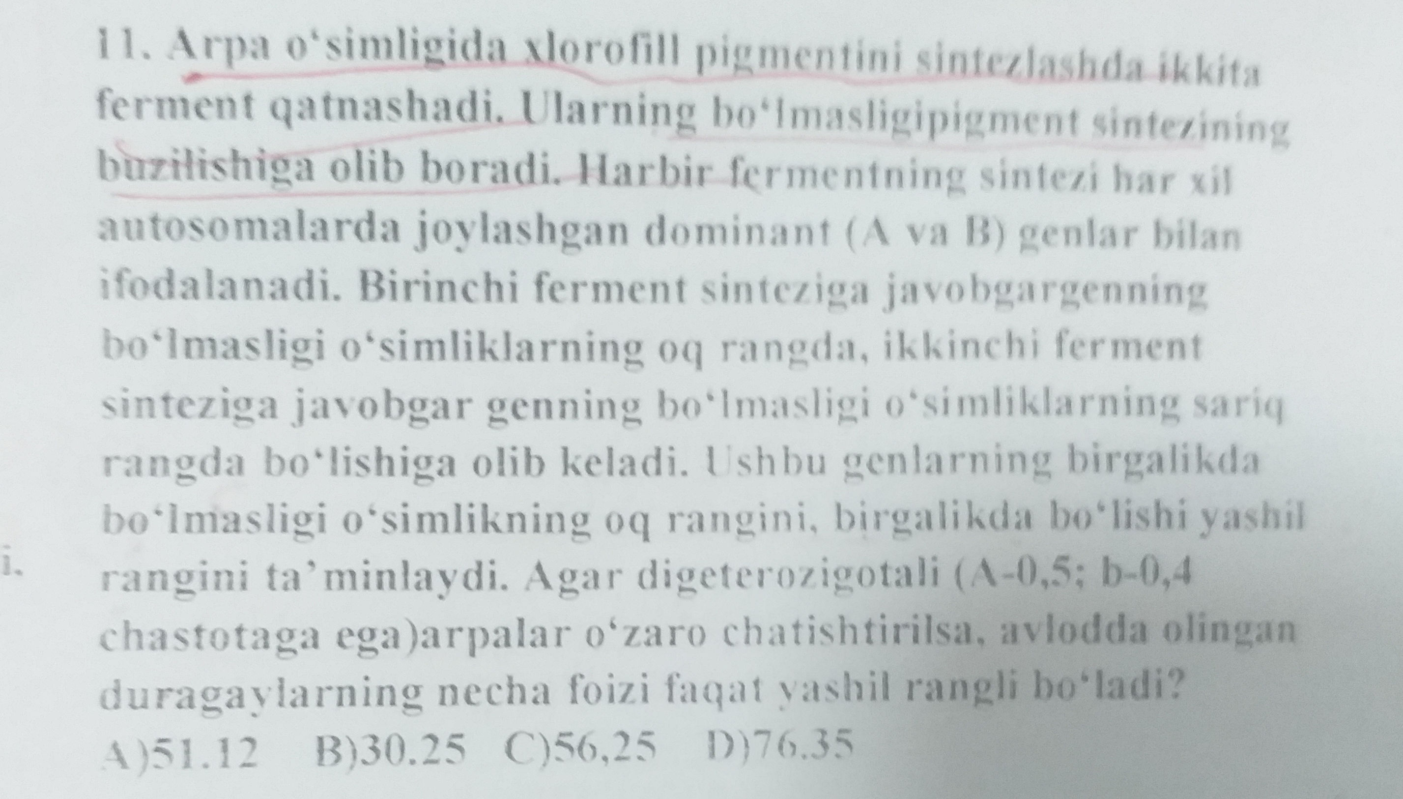 11. Arpa o'simligida xlorofill pigmentini | StudyX
