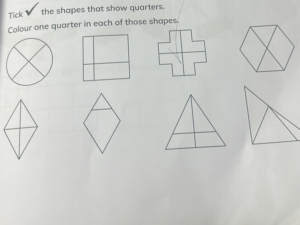 Tick the shapes that show quarters. Colour | StudyX