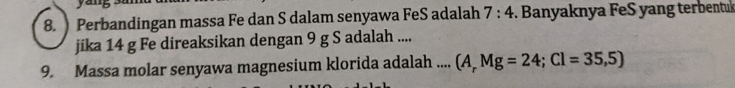 8. Perbandingan massa Fe dan S dalam senyawa | StudyX