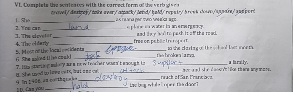 VI. Complete the sentences with the correct | StudyX