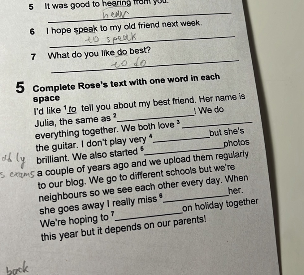 5 Complete Rose's text with one word in each | StudyX