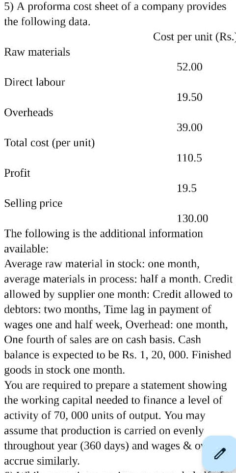 5) A proforma cost sheet of a company | StudyX