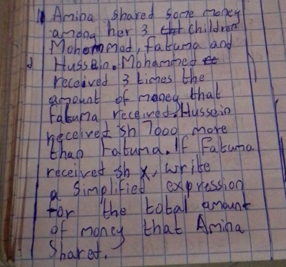 Amina shared some money among her 3 children | StudyX