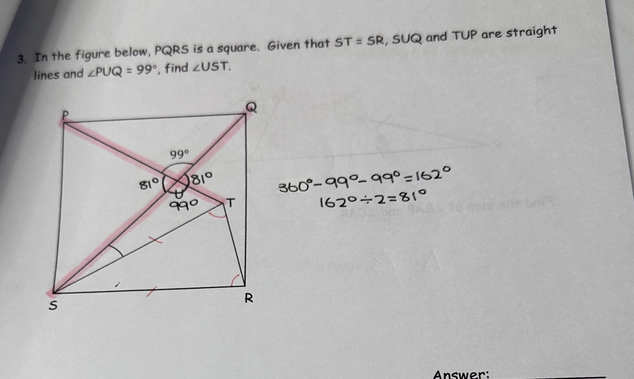 3. In the figure below, PQRS is a square. | StudyX