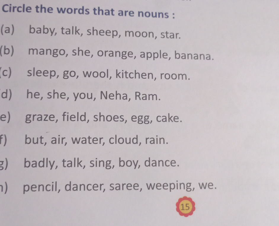 Circle the words that are nouns : (a) baby, | StudyX