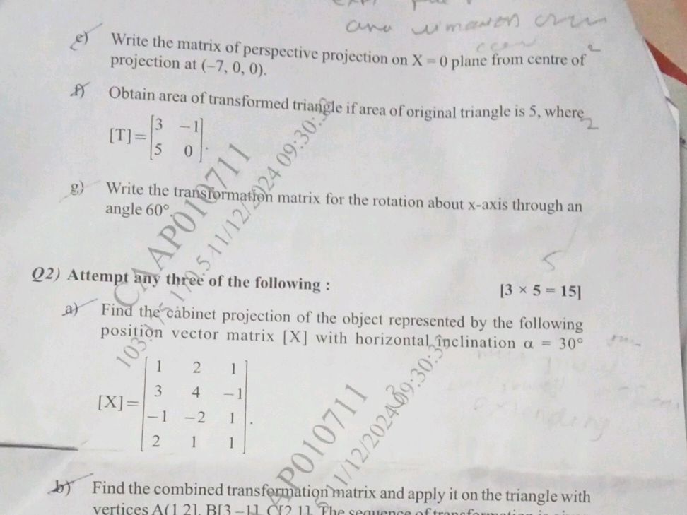 e) Write the matrix of perspective | StudyX