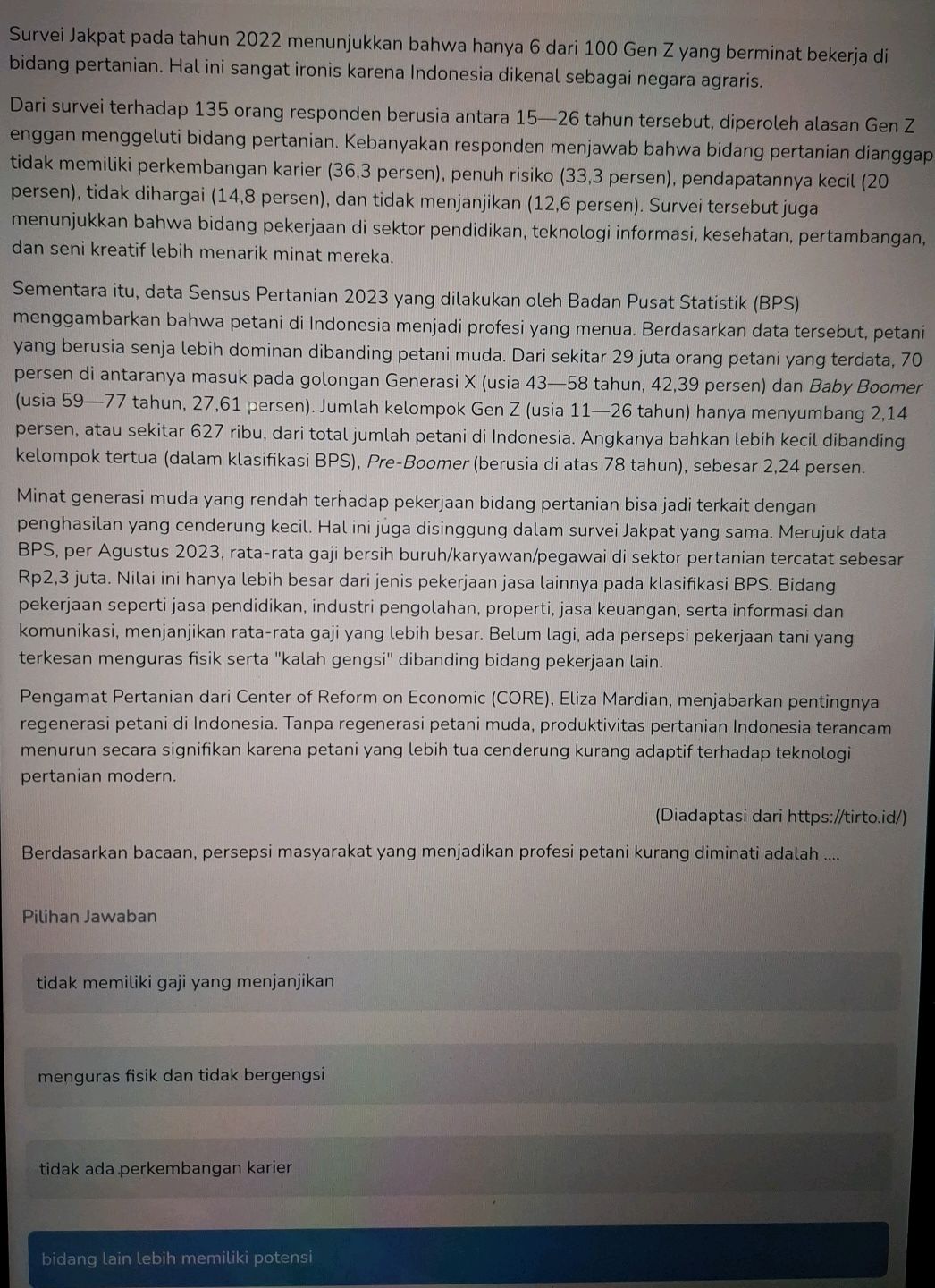 Berdasarkan bacaan, persepsi masyarakat yang | StudyX