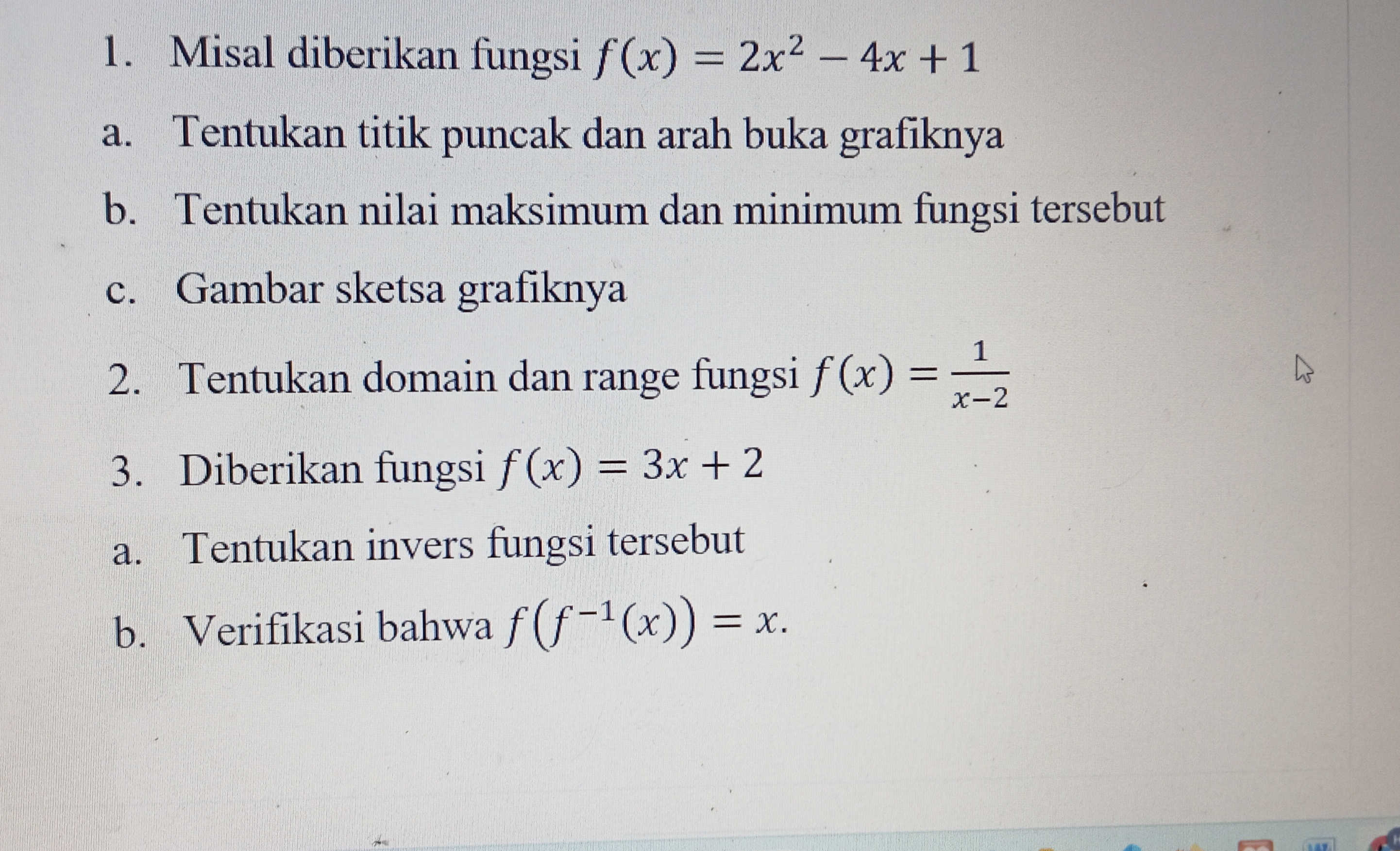 1. Misal diberikan fungsi $f(x) = 2x^2 - 4x | StudyX