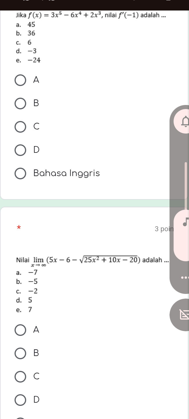 Jika $f(x) = 3x^5 - 6x^4 + 2x^3$, nilai | StudyX