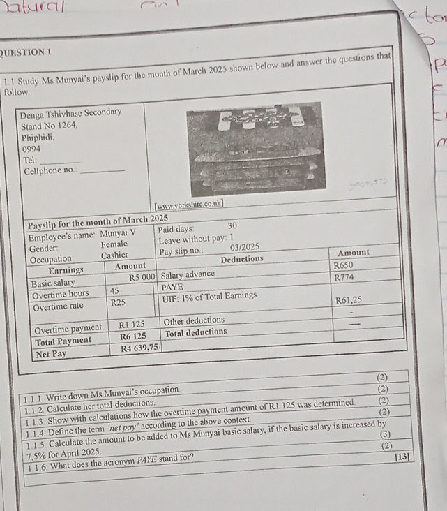 1.1 Study Ms Munyai's payslip for the month | StudyX