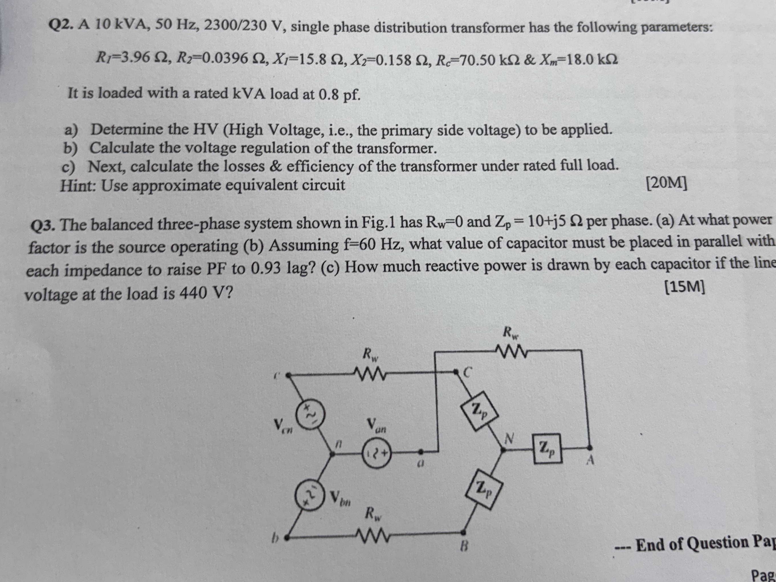 Q2. A 10 kVA, 50 Hz, 2300/230 V, single | StudyX