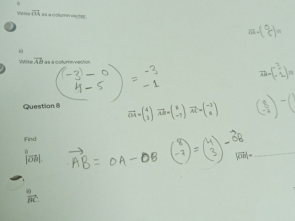 i) Write ${OA}$ as a column vector. ii) | StudyX
