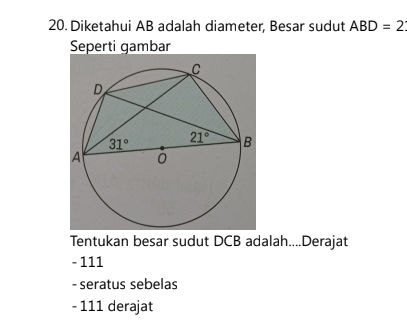 Diketahui AB adalah diameter, Besar sudut | StudyX