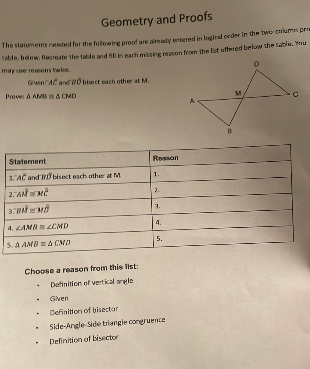 Given: $AC$ and $BD$ bisect each other at | StudyX