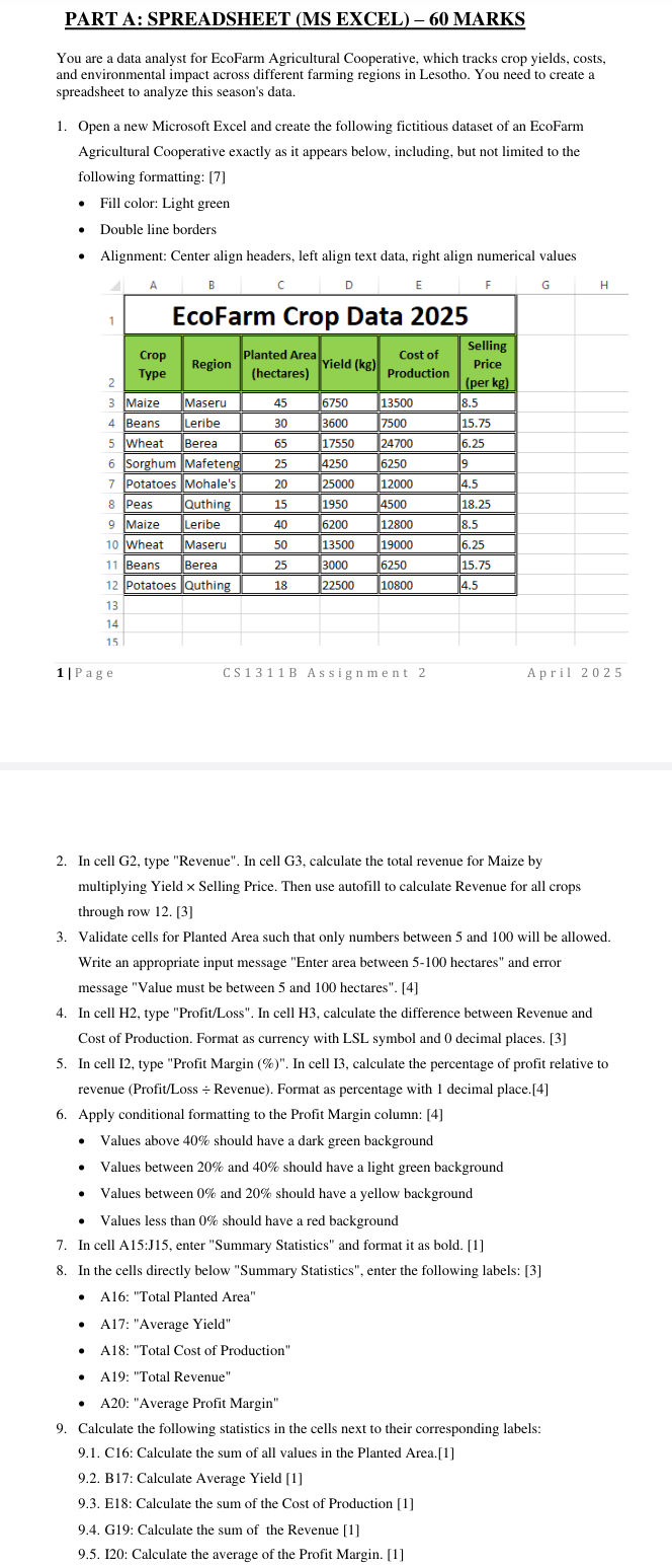 PART A: SPREADSHEET (MS EXCEL) - 60 MARKS | StudyX