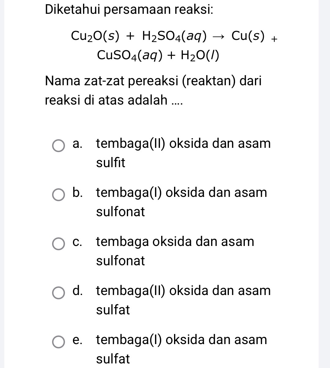 Diketahui persamaan reaksi: $Cu_2O(s) + | StudyX