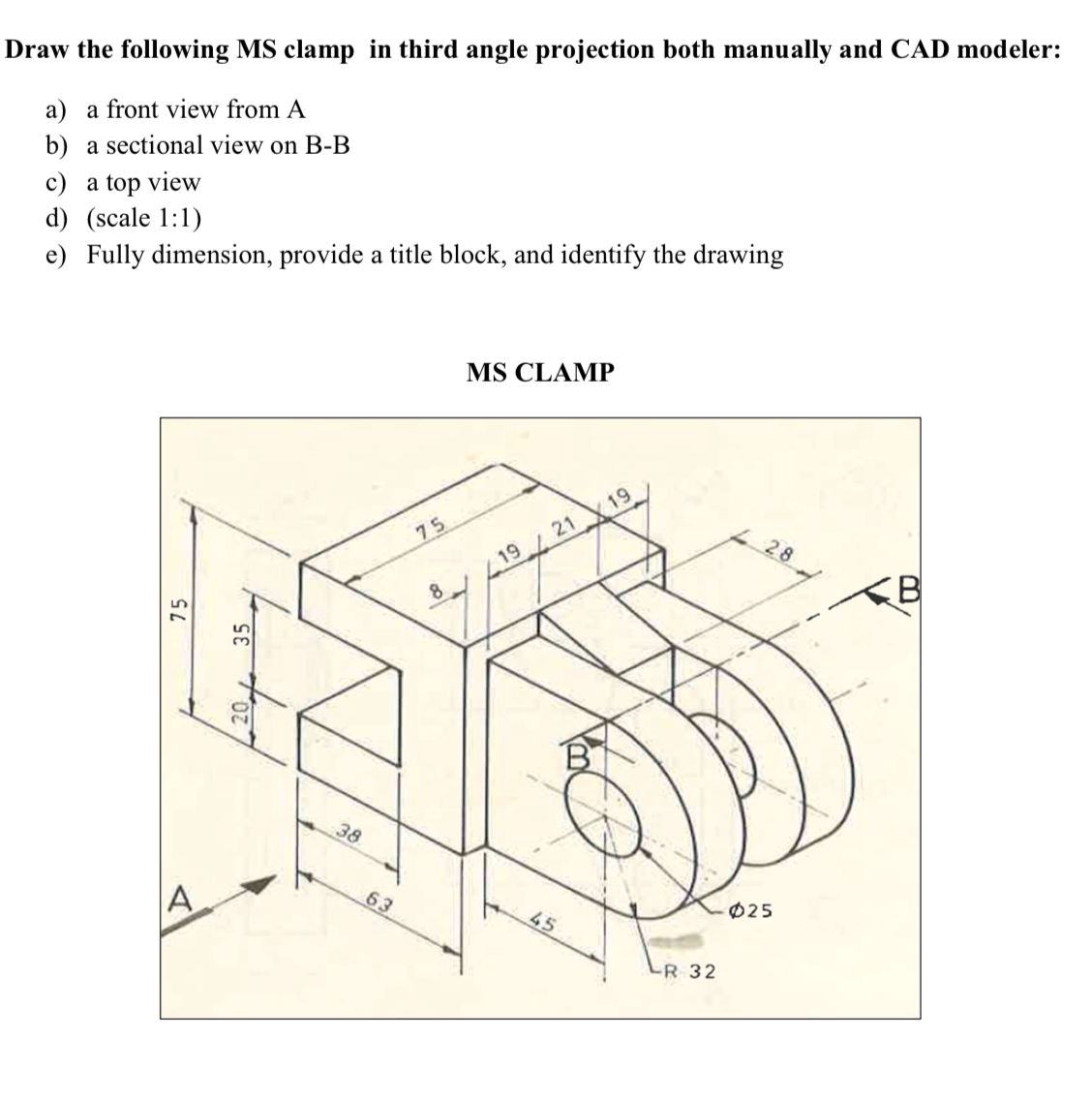 Draw the following MS clamp in third angle | StudyX