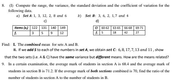 8. (I) Compute the range, the variance, the | StudyX