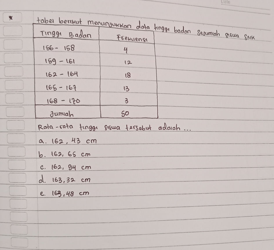 tabel berikut menunjukkan data tinggi badan | StudyX