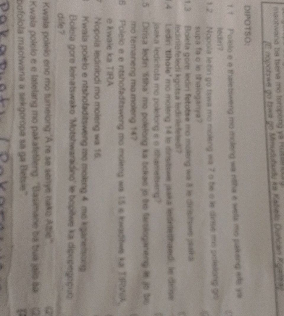 1.1 Polelo e e thaletsweng mo moleng wa ntha | StudyX