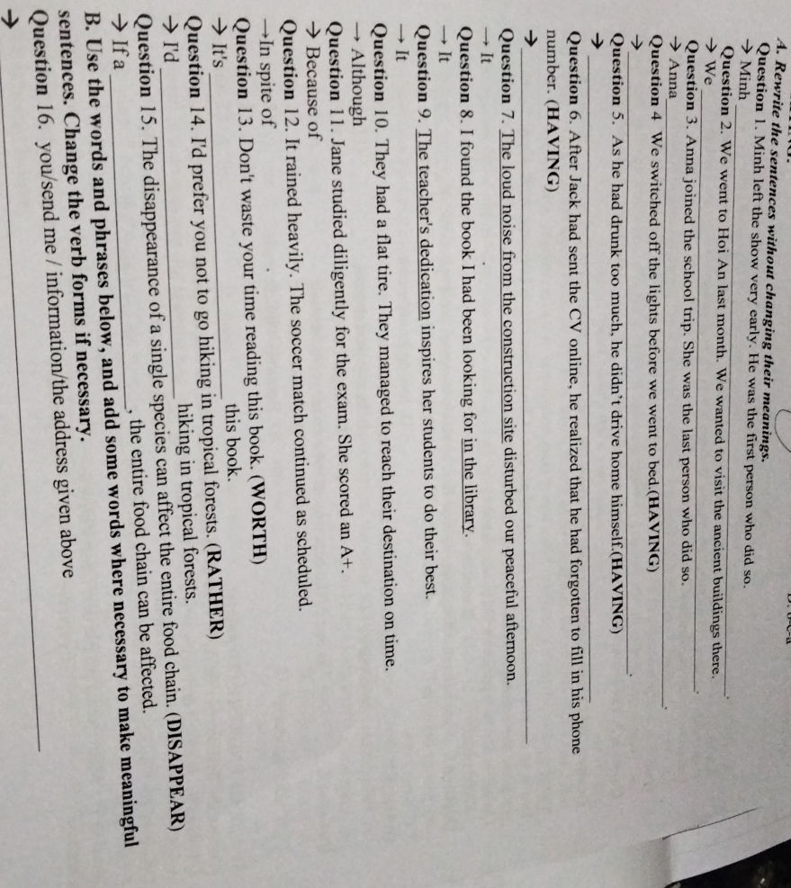 A. Rewrite the sentences without changing | StudyX