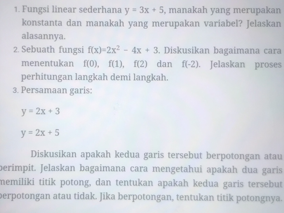 1. Fungsi linear sederhana $y = 3x + 5$, | StudyX