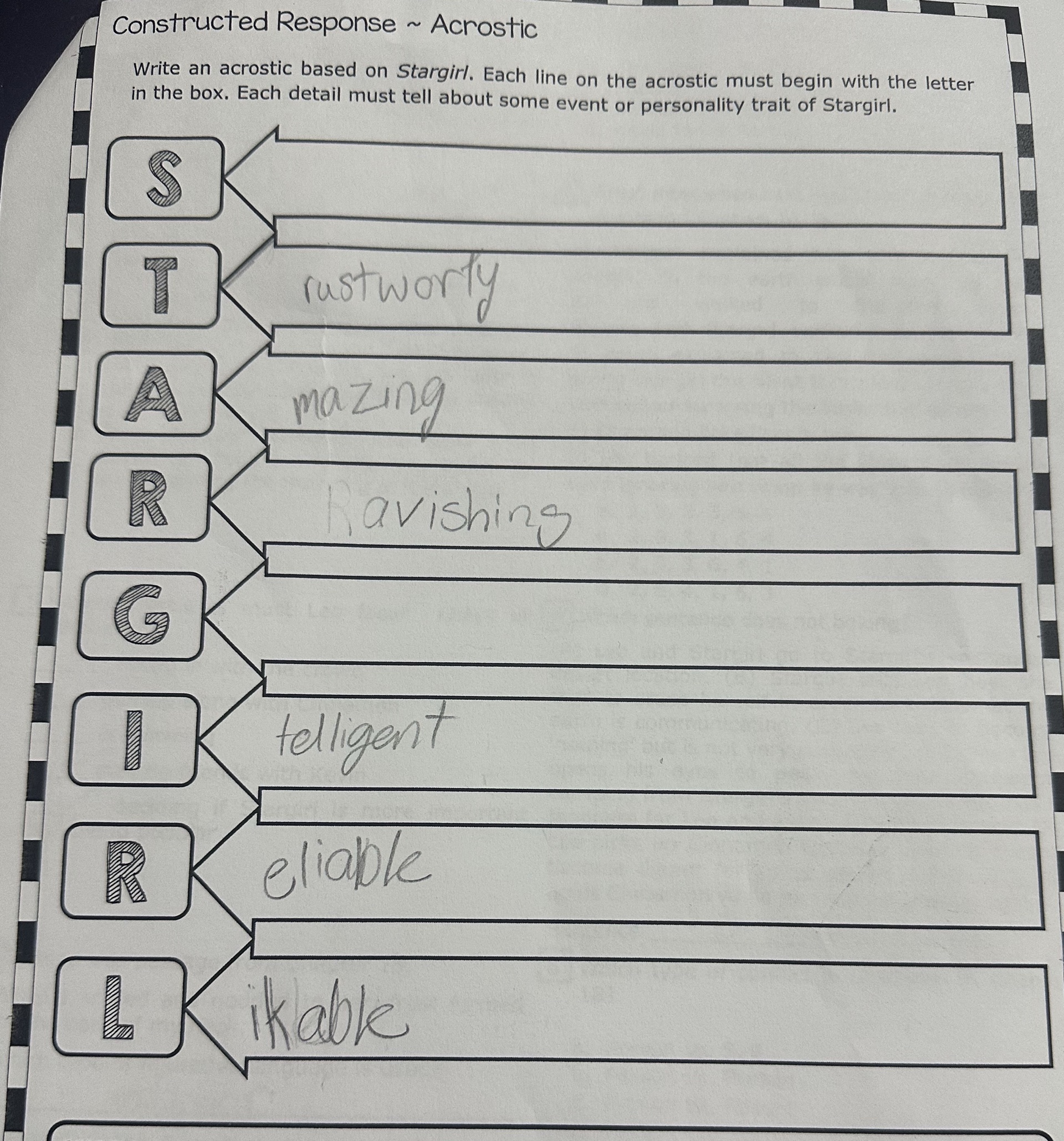 Write an acrostic based on Stargirl. Each | StudyX