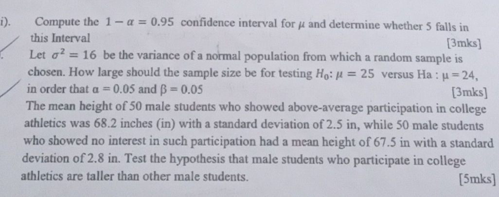 i). Compute the $1 - = 0.95$ confidence | StudyX