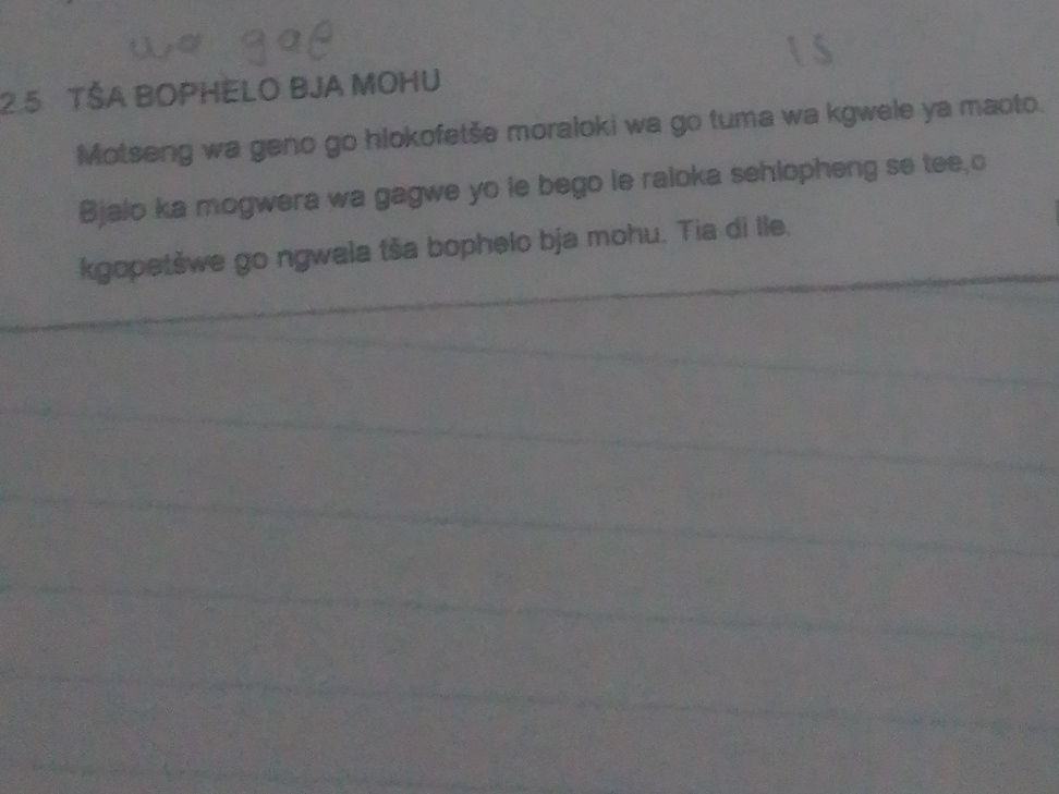 2.5 TSA BOPHELO BJA MOHU Motseng wa geno go | StudyX