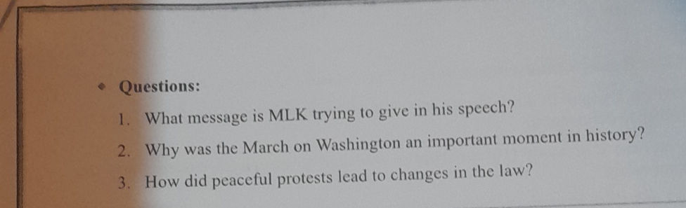 Questions: 1. What message is MLK trying | StudyX