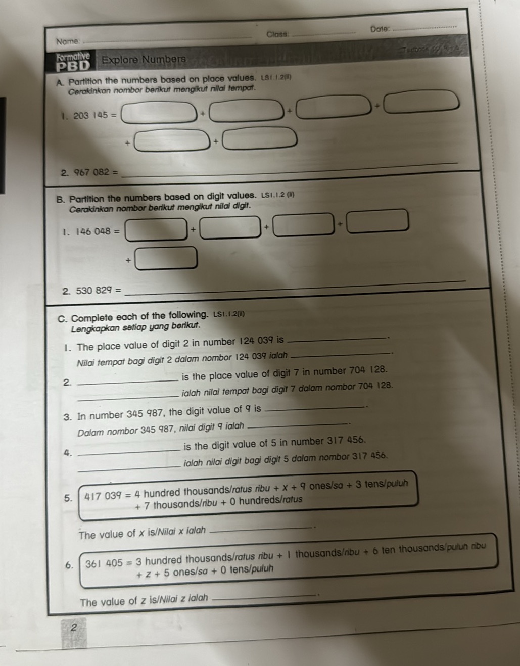 A. Partition the numbers based on place | StudyX