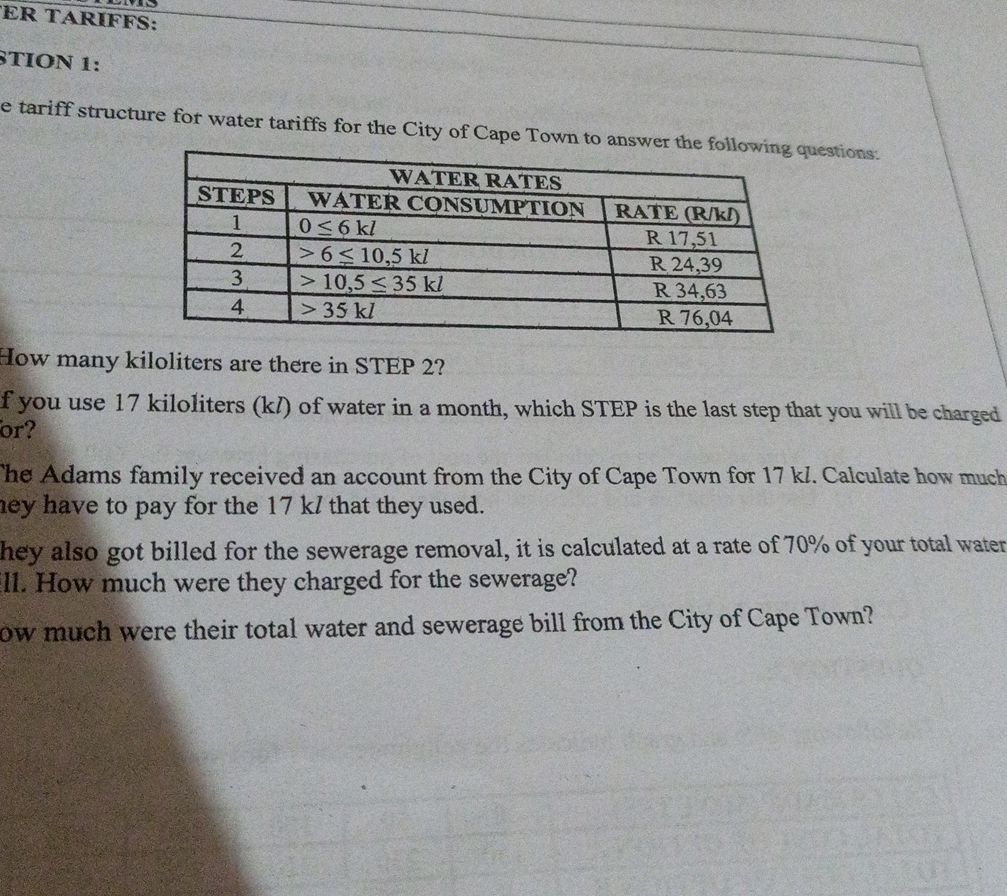 The tariff structure for water tariffs for | StudyX